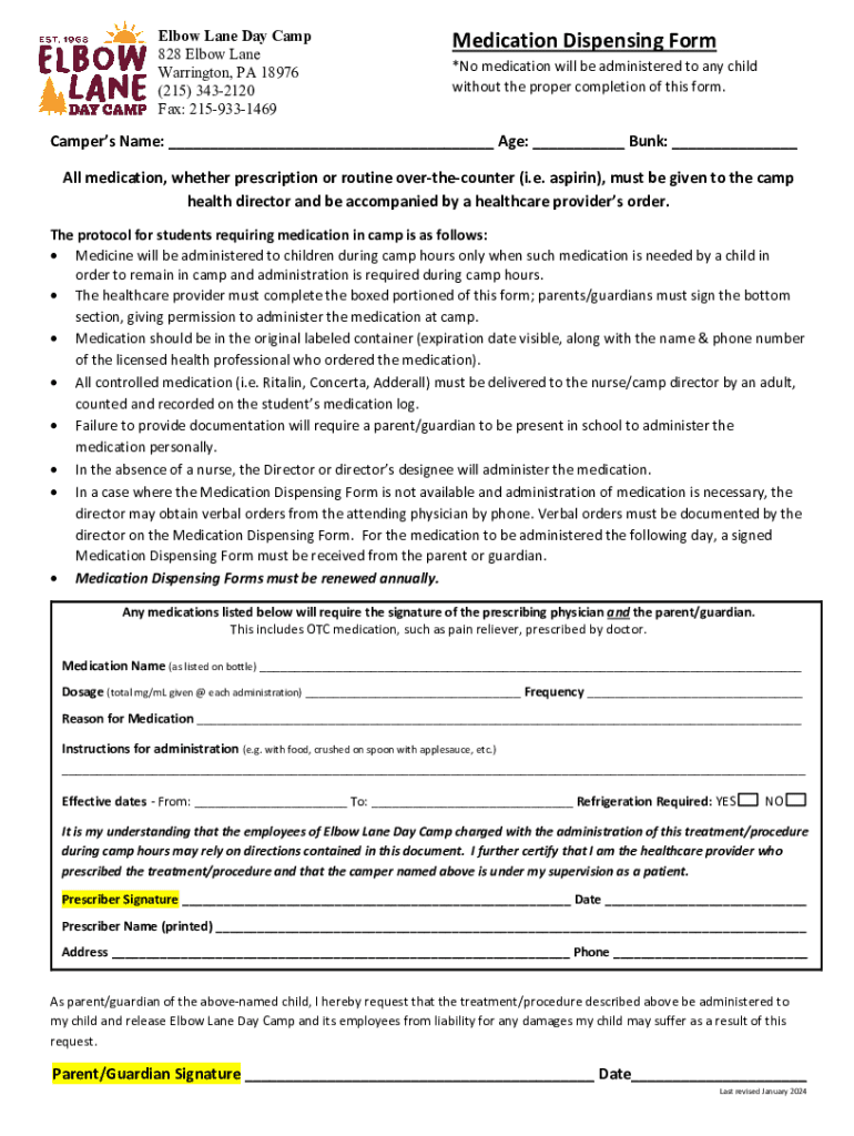 Fillable Online Elbow Lane Day Camp Medication Dispensing Form Fax ...