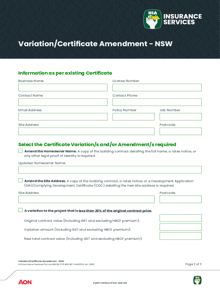 Fillable Online ACT VARIATION/CERTIFICATE AMENDMENT Fax Email Print - pdfFiller