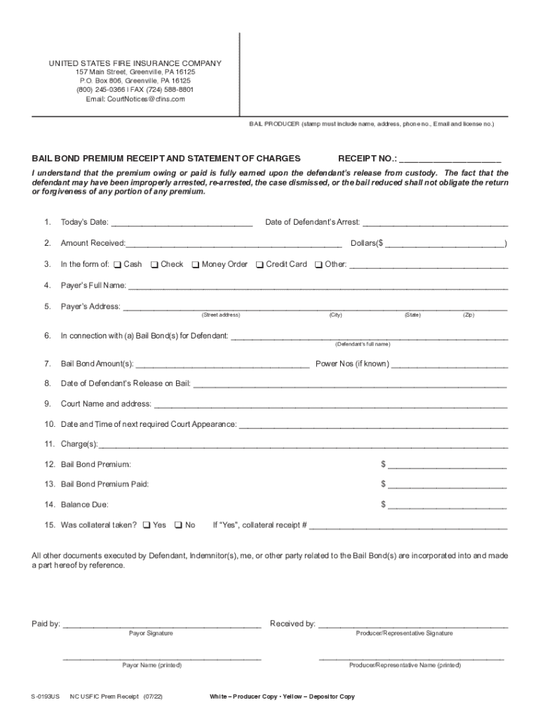 Fillable Online Bail Bond Premium Receipt and Statement of Charges Fax Email Print - pdfFiller