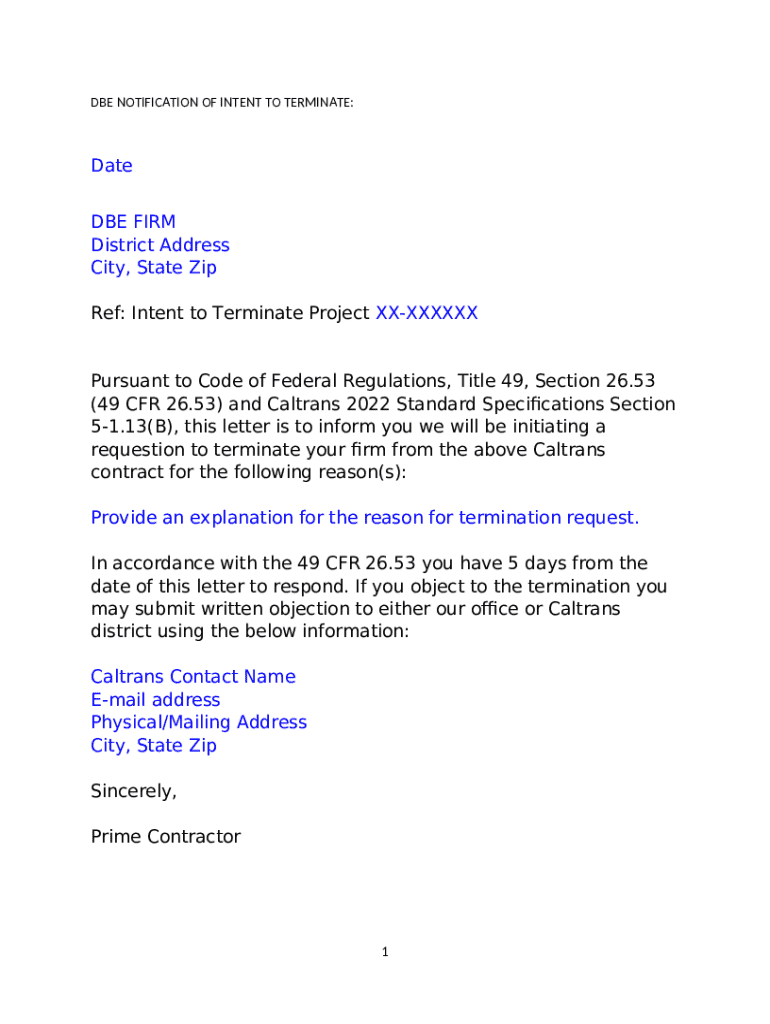 Dbe Notification of Intent to Terminate - dot ca Doc Template | pdfFiller