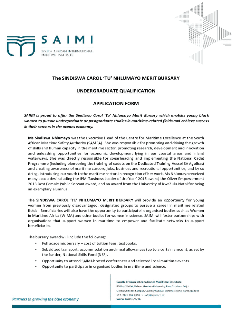 Fillable Online Sindiswa Carol ‘tu’ Nhlumayo Merit Bursary Application ...