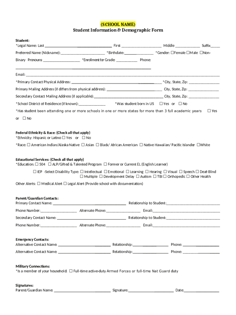 Student Ination & Demographic Doc Template | pdfFiller