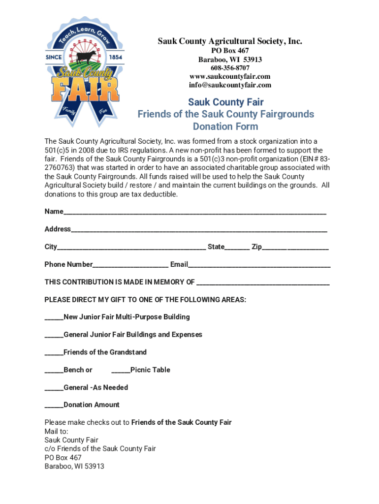 Fillable Online Friends of the Sauk County Fairgrounds Donation Form Fax Email Print - pdfFiller