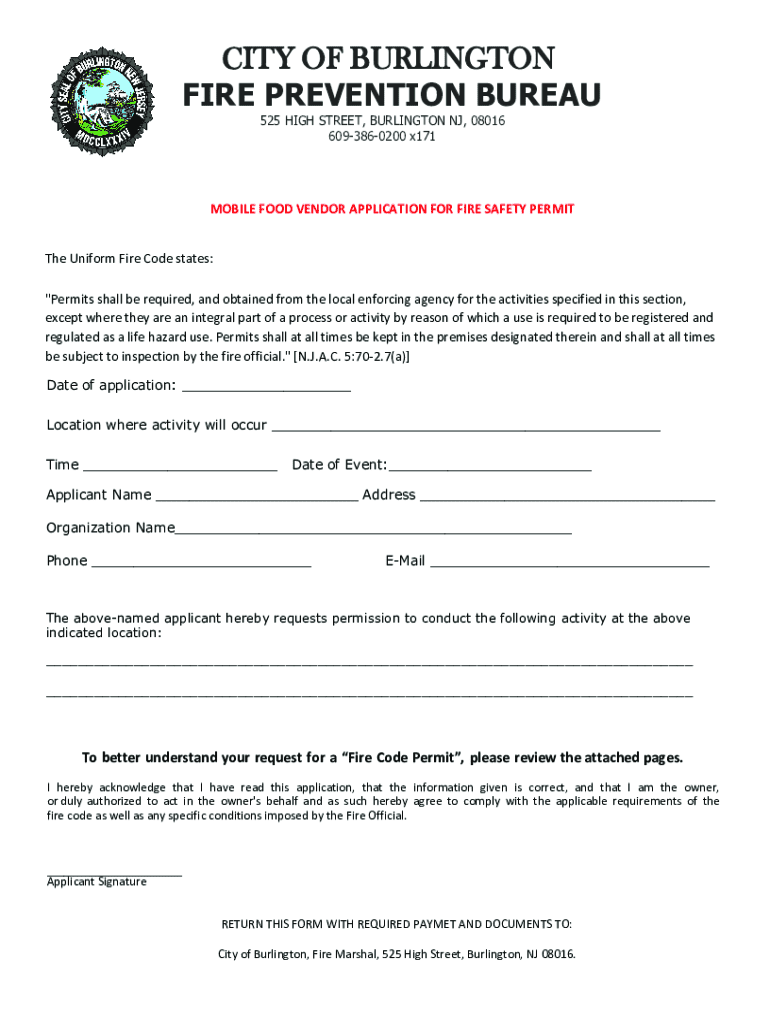Fillable Online City of Burlington Fire Safety Permit Application Fax ...