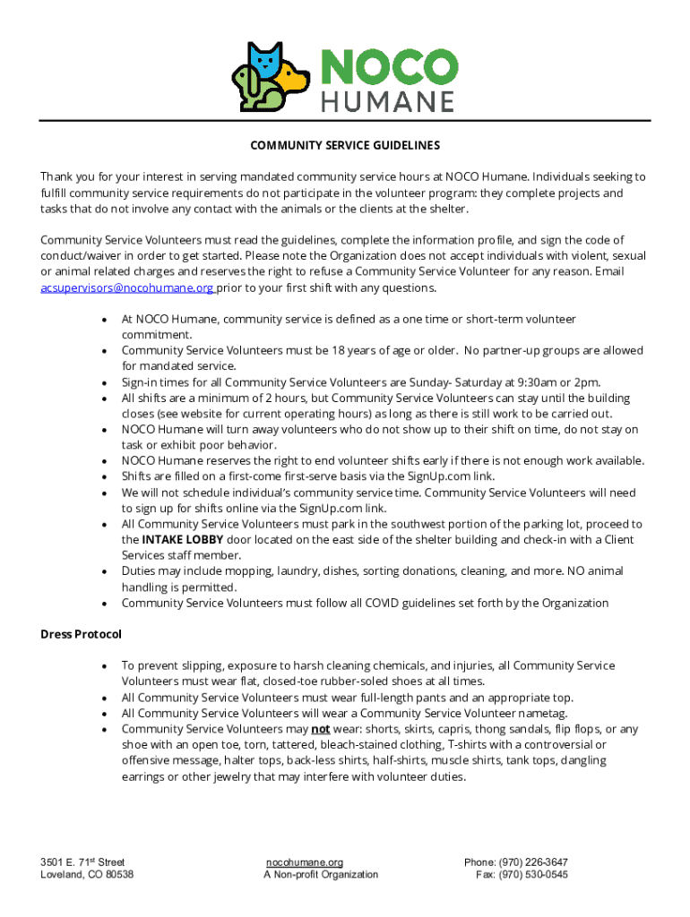 Fillable Online Community Service Volunteer Guidelines at Noco Humane Fax Email Print - pdfFiller