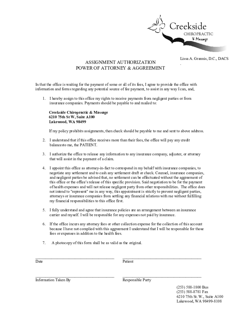 Fillable Online Assignment Authorization Power of Attorney & Agreement ...
