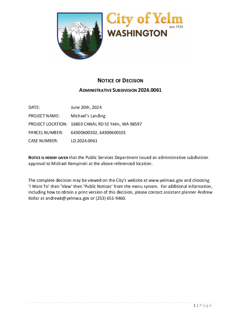 Fillable Online Notice of Decision - Administrative Subdivision 2024. ...