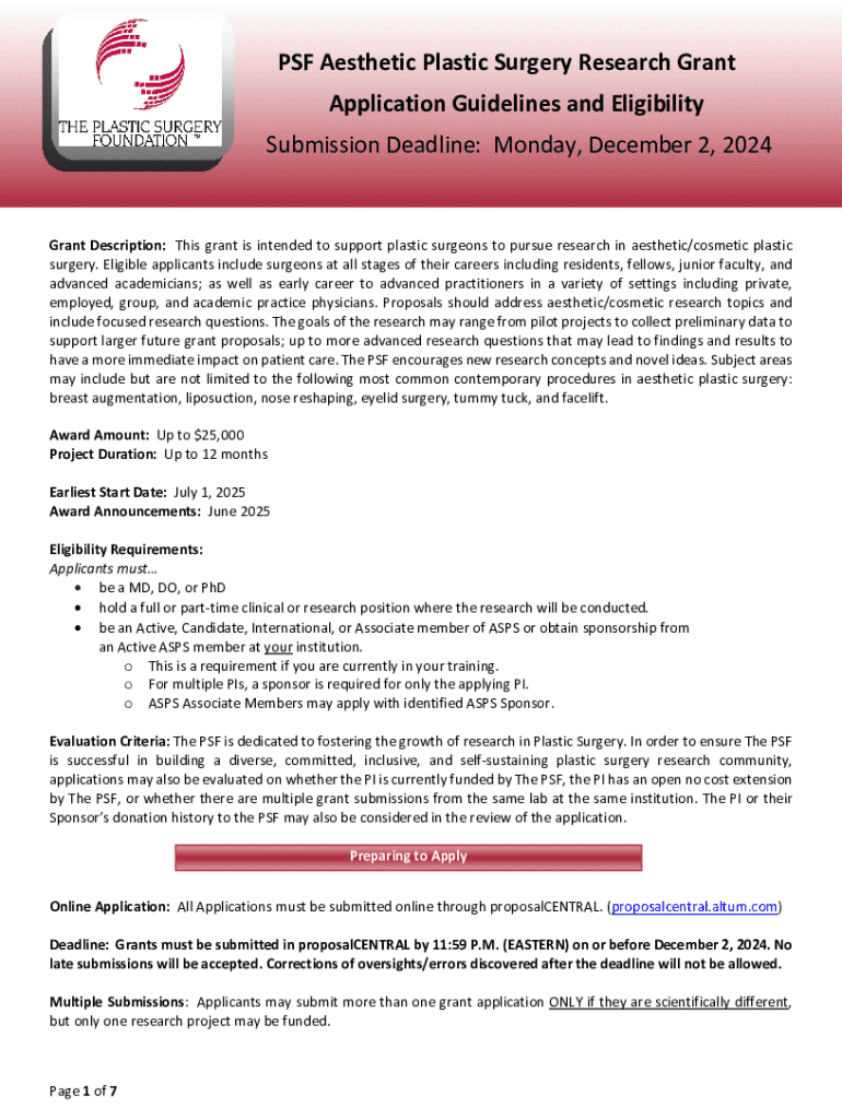 Fillable Online PSF Aesthetic Plastic Surgery Research GrantApplication ...