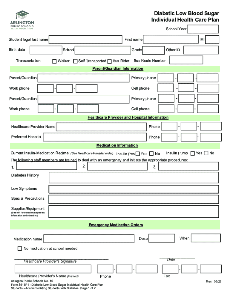 Fillable Online Diabetic Low Blood Sugar Individual Health Care Plan Fax Email Print - pdfFiller