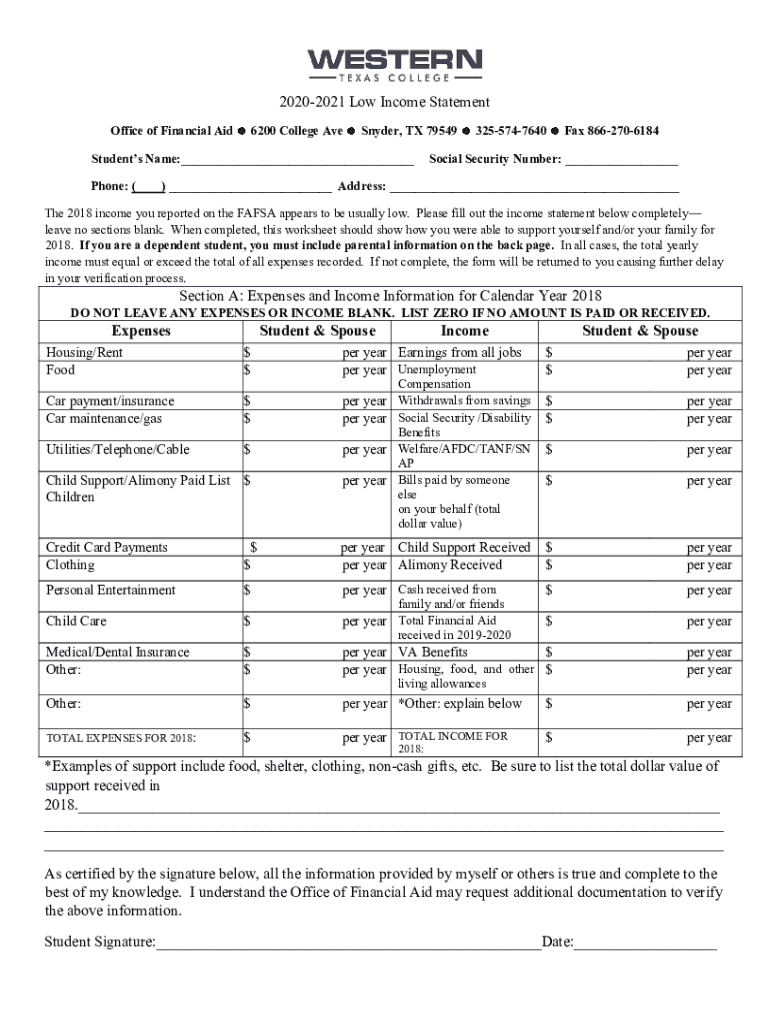 Fillable Online Low Income Statement for Financial Aid Fax Email Print ...