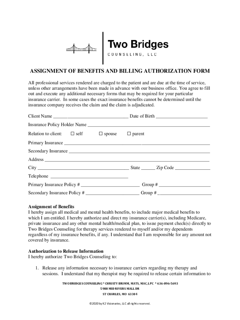 Fillable Online Assignment of Benefits and Billing Authorization Fax ...