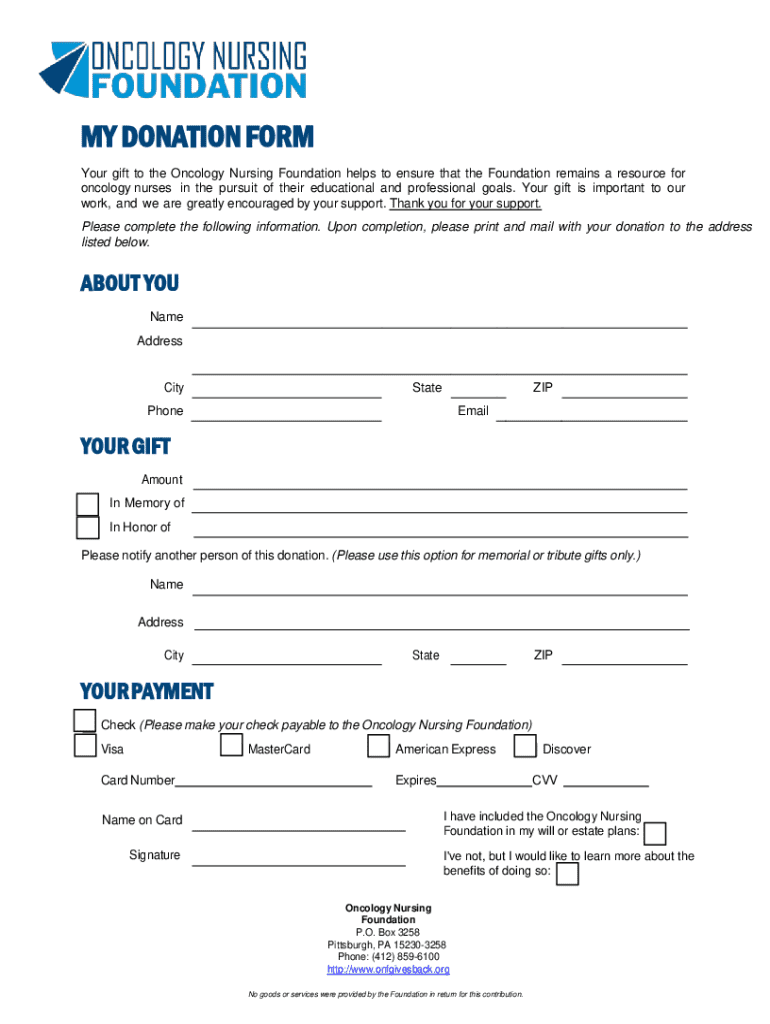 Fillable Online Oncology Nursing Foundation Donation Form Fax Email Print - pdfFiller