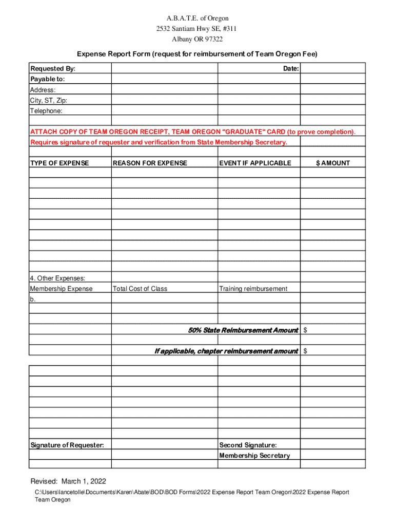 Fillable Online Expense Report Form (request for reimbursement of Team ... Fax Email Print ...