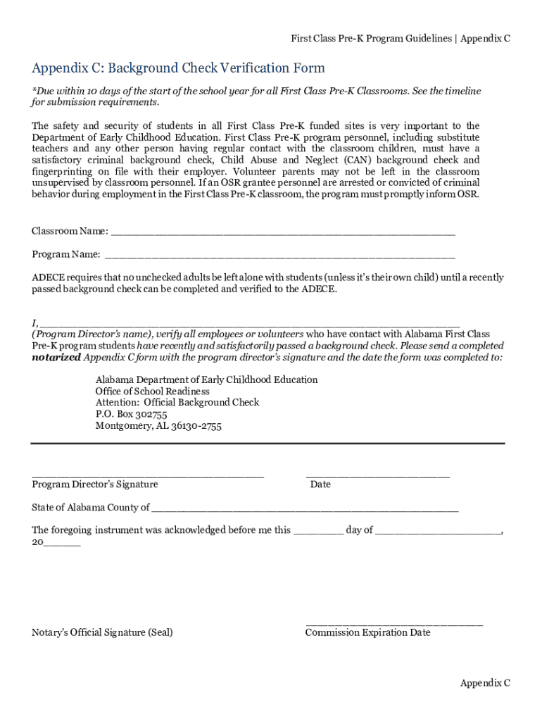 Fillable Online First Class Pre-k Program Guidelines | Appendix C Fax ...