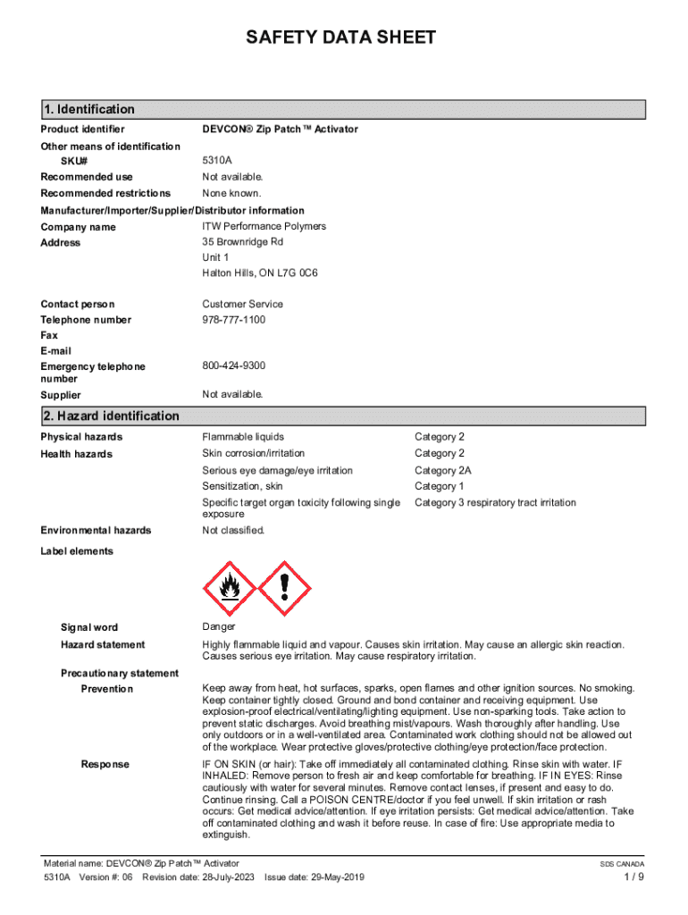 Fillable Online Safety Data Sheet for Devcon® Zip Patch™ Activator Fax ...