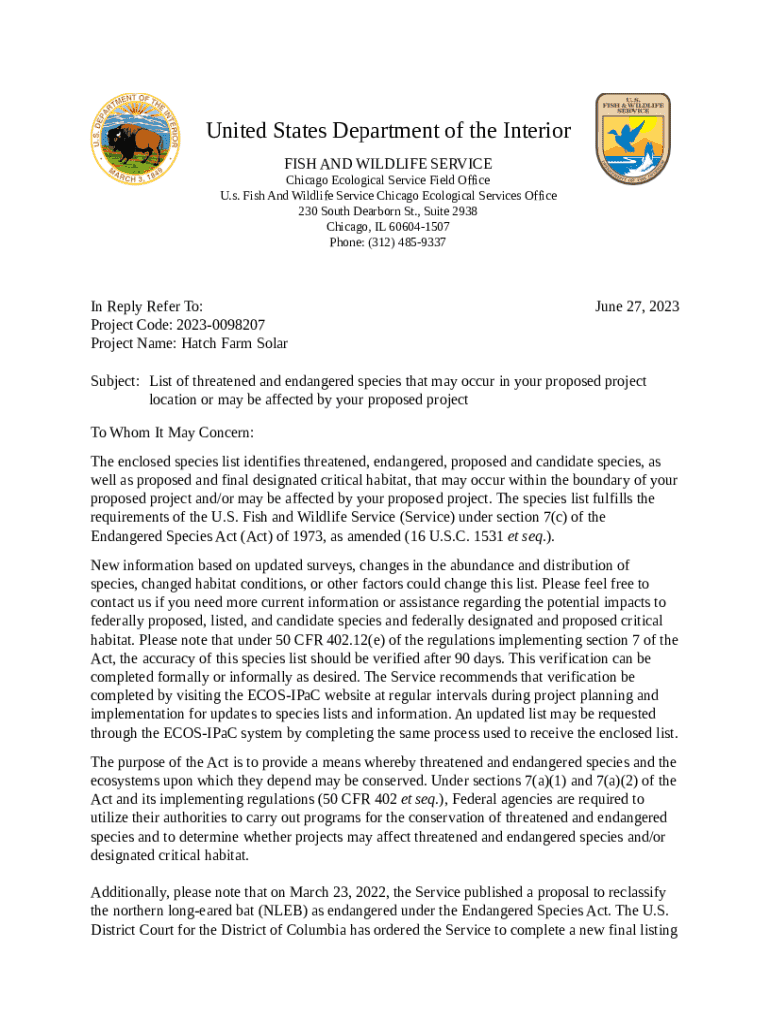 Fillable Online Endangered Species Act Species List for Hatch Farm Solar Project Fax Email Print ...