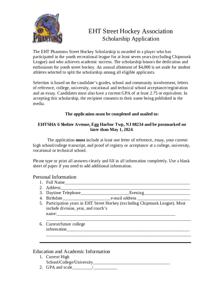 Eht Street Hockey Scholarship Application Doc Template | pdfFiller