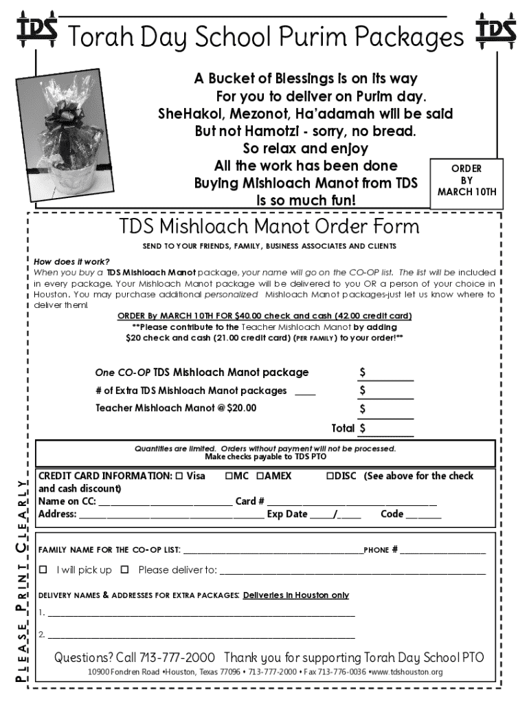 Fillable Online Torah Day School Purim Packages Fax Email Print - pdfFiller