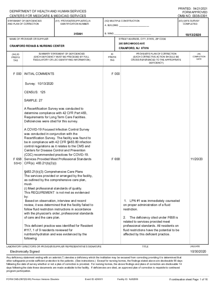 Fillable Online Statement of Deficiencies and Plan of Correction Fax ...