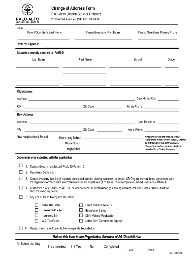 Fillable Online Palo Alto Unified School District Change of Address ...