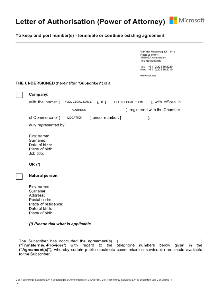 Fillable Online Power of Attorney for Number Porting Fax Email Print ...