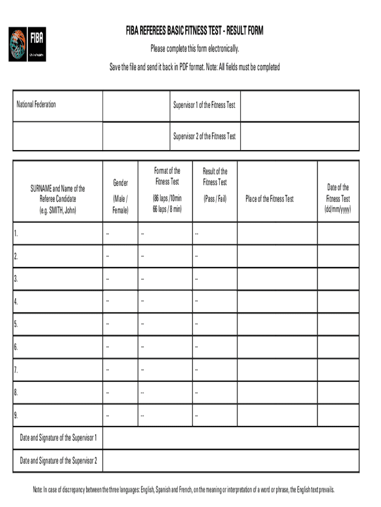 Fillable Online FIBA REFEREES BASIC FITNESS TEST - RESULT FORM Fax ...