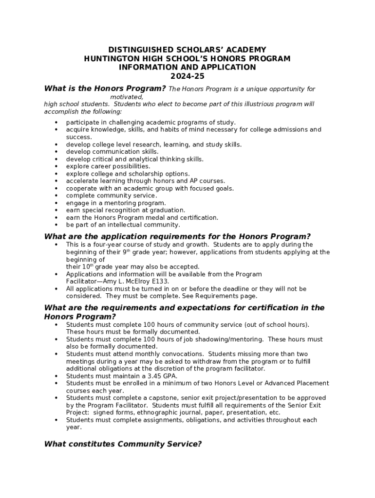Huntington High School Honors Program Application Doc Template | pdfFiller