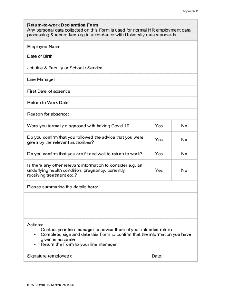 Fillable Online Return-to-work Declaration Form Any personal data ... Fax Email Print - pdfFiller