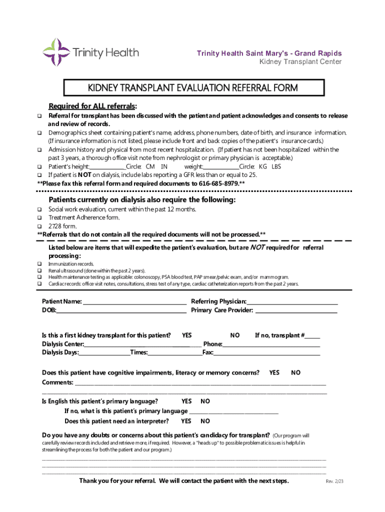 Fillable Online Kidney Transplant Evaluation Referral Form Fax Email ...