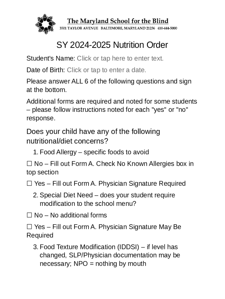 Sy 2024-2025 Nutrition Order Doc Template | pdfFiller