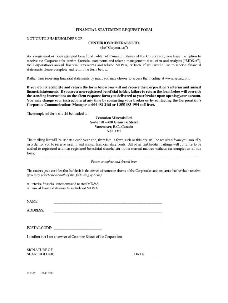 Fillable Online Financial Statement Request for Centurion Minerals Ltd ...