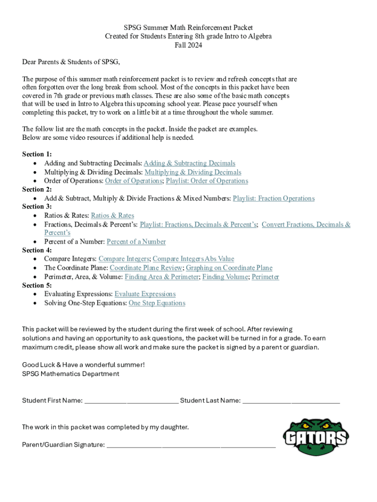 Fillable Online Spsg Summer Math Reinforcement Packet for 8th Grade ...