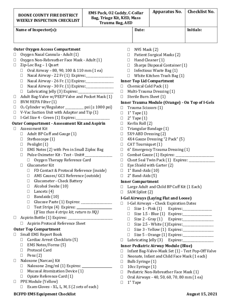 Fillable Online Weekly Inspection Checklist for Ems Equipment Fax Email ...