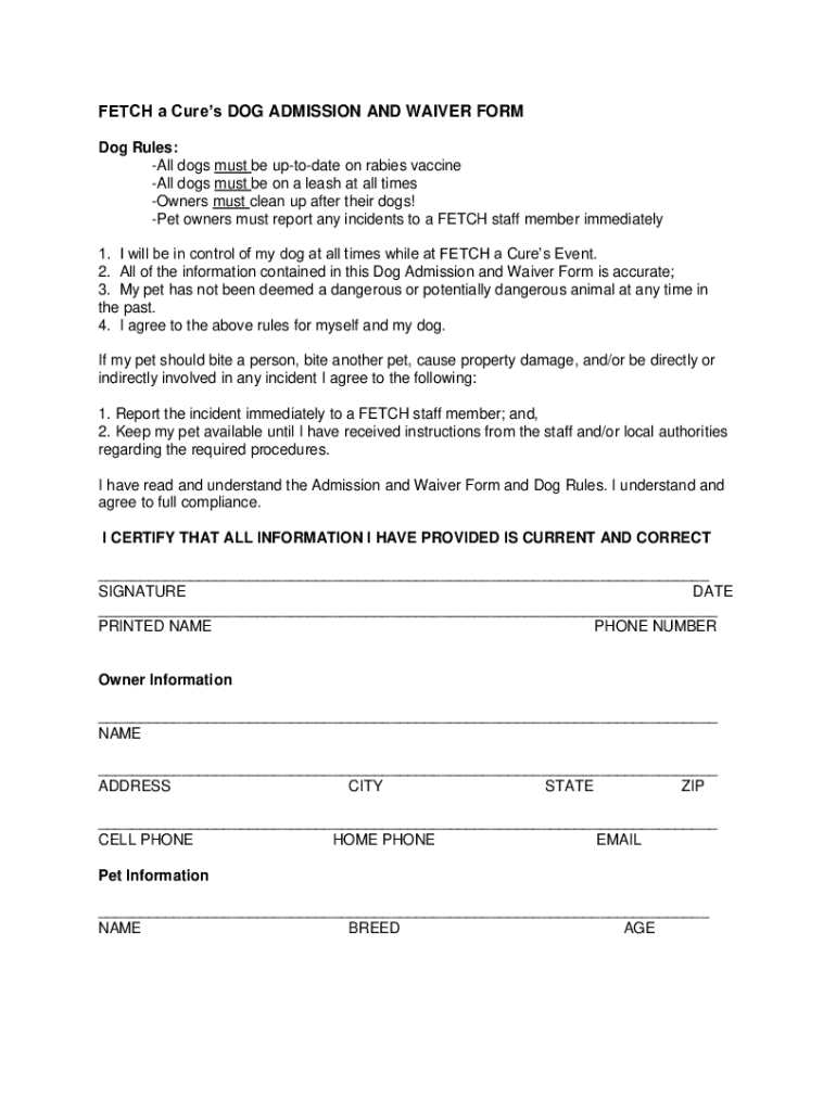 Fillable Online Fetch a Cure’s Dog Admission and Waiver Form Fax Email ...