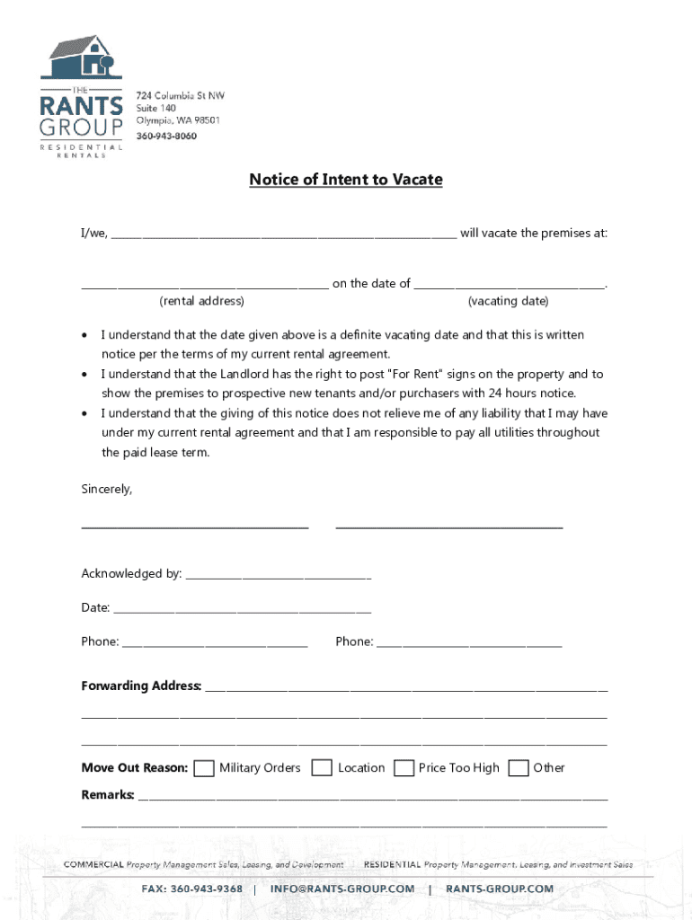 Fillable Online Notice of Intent to Vacate Fax Email Print - pdfFiller