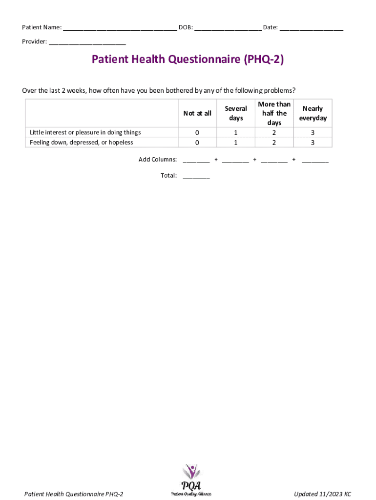 Fillable Online Patient Health Questionnaire (phq-2) Fax Email Print - pdfFiller