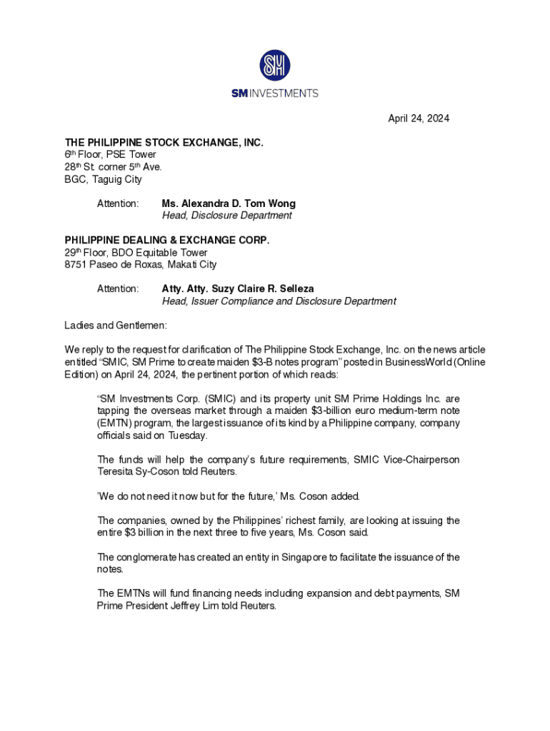 Fillable Online 15 July 2024 The Philippine Stock Exchange, Inc. 6th Floor ... Fax Email Print ...