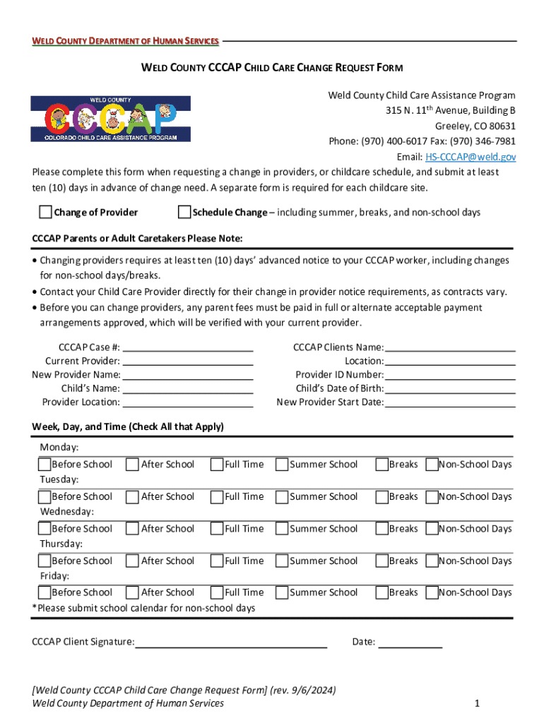 Fillable Online Weld County CCCAP Child Care Change Request Form Fax ...