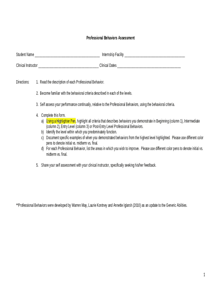 Professional Behaviors Assessment Doc Template | pdfFiller