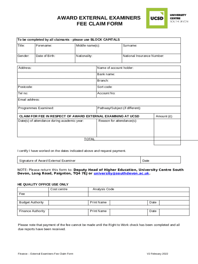 external examiners fee claim Doc Template | pdfFiller