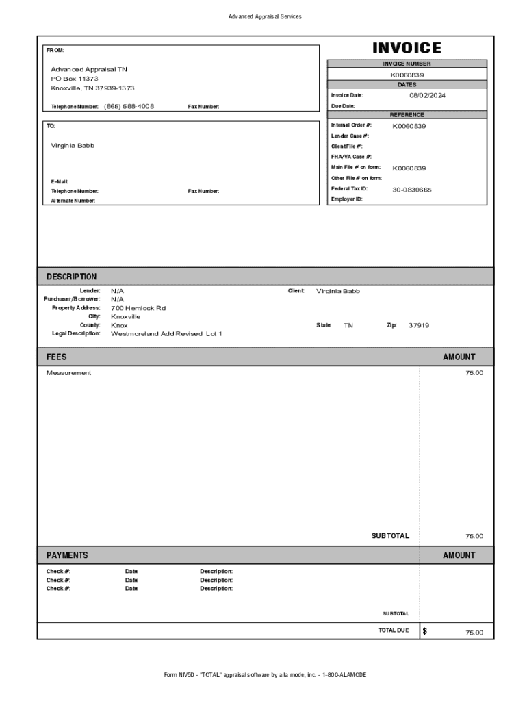 Fillable Online Invoice for Appraisal Services Fax Email Print - pdfFiller