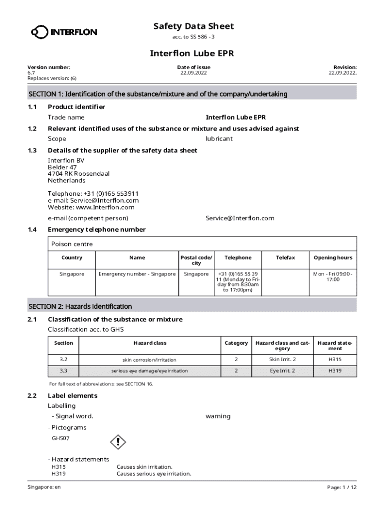 Fillable Online Safety Data Sheet for Interflon Lube Epr Fax Email Print - pdfFiller