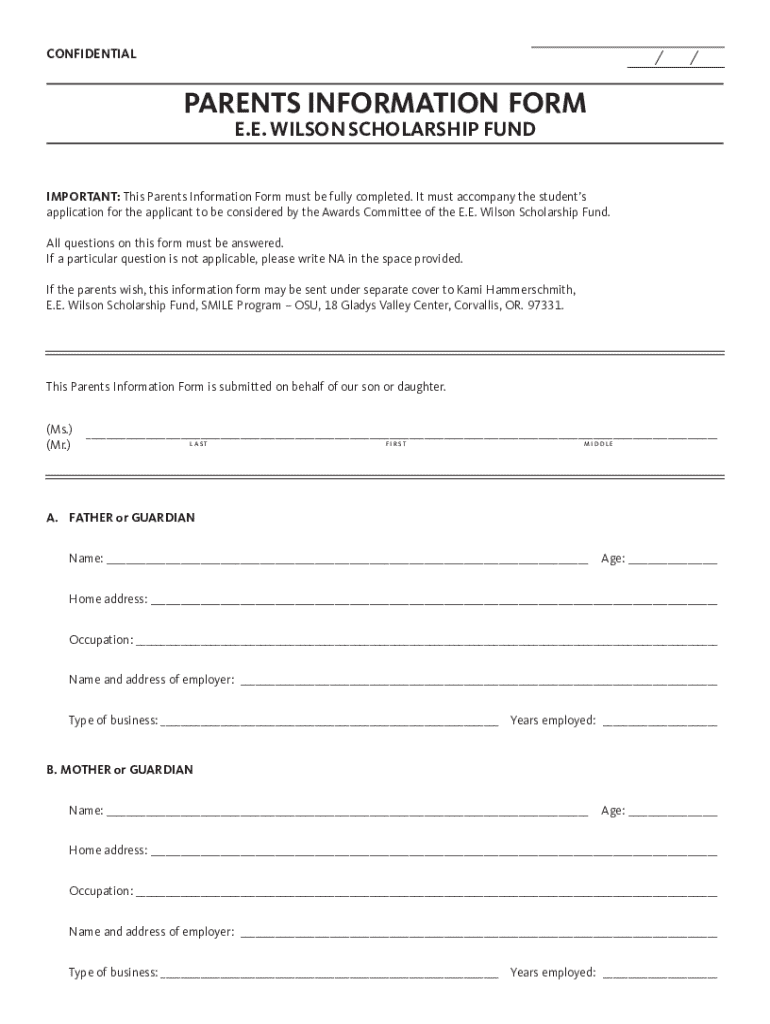 Fillable Online E.e. Wilson Scholarship Fund - Parents Information Form ...