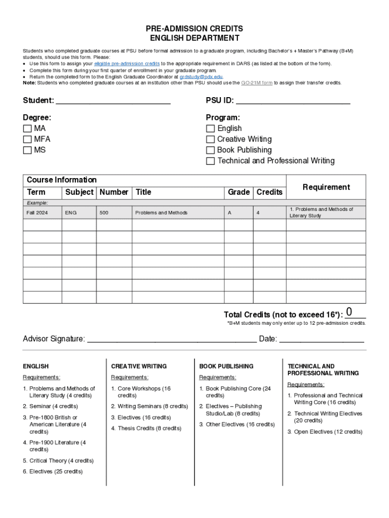 Fillable Online pre-admission credits english department Fax Email Print - pdfFiller