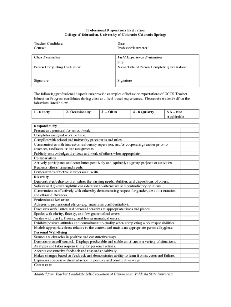 Fillable Online Professional Dispositions Evaluation Form Fax Email ...