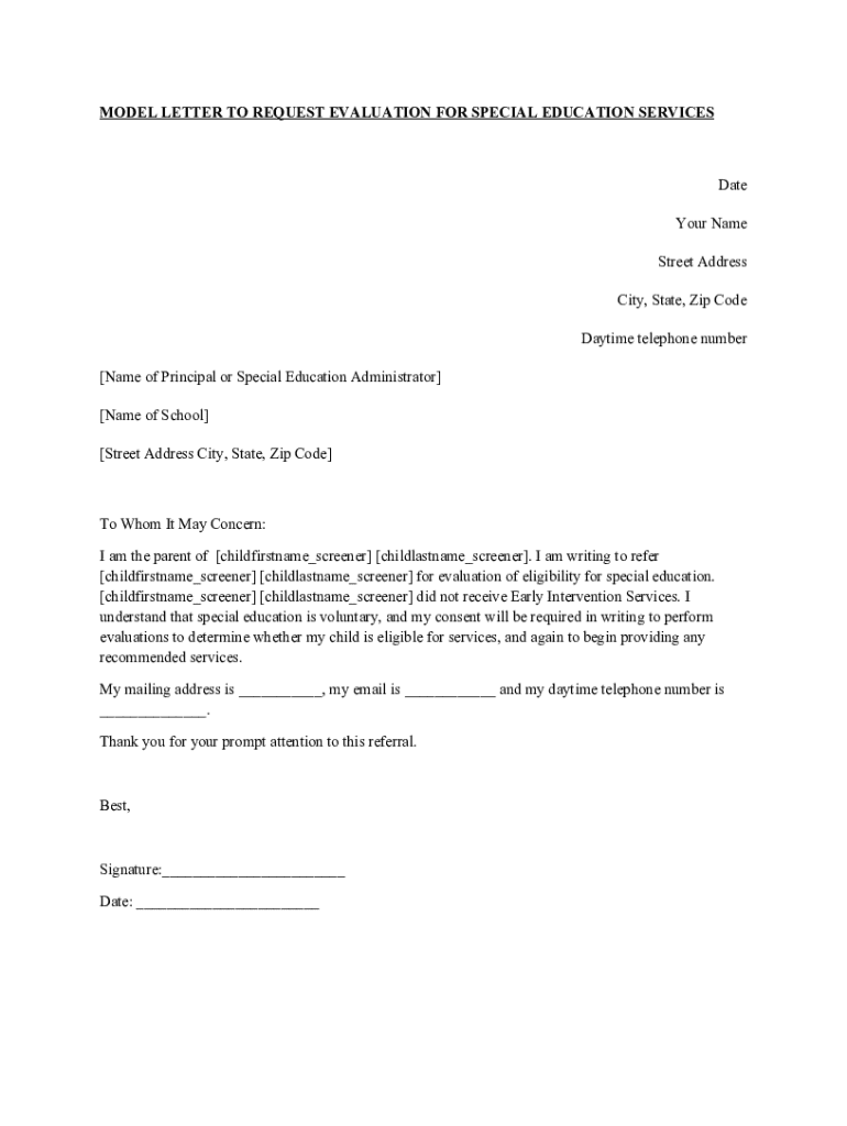 Fillable Online model letter to request evaluation for special ...