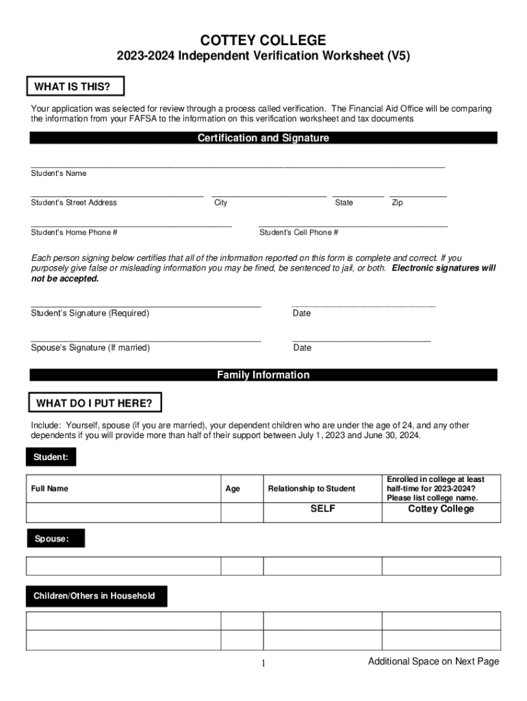 Fillable Online Independent Verification Worksheet for Financial Aid Fax Email Print - pdfFiller