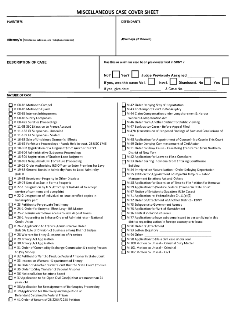 Fillable Online Miscellaneous Case Cover Sheet for Sdny Fax Email Print ...