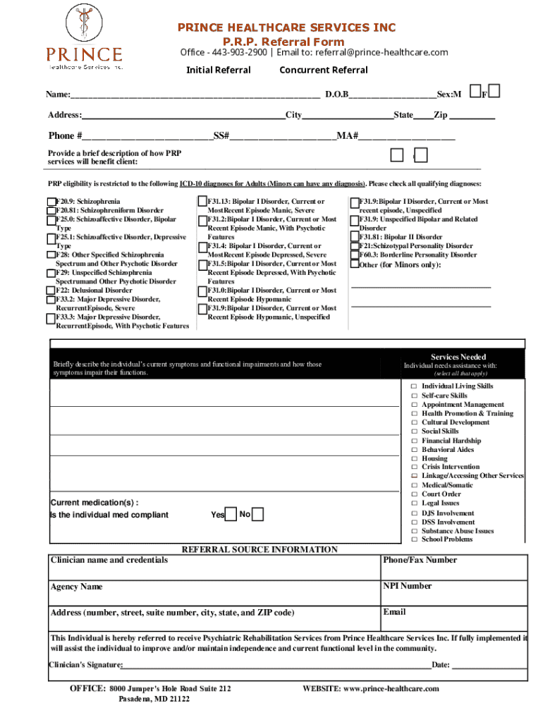 Fillable Online Prince Healthcare Services Inc Referral Form Fax Email ...