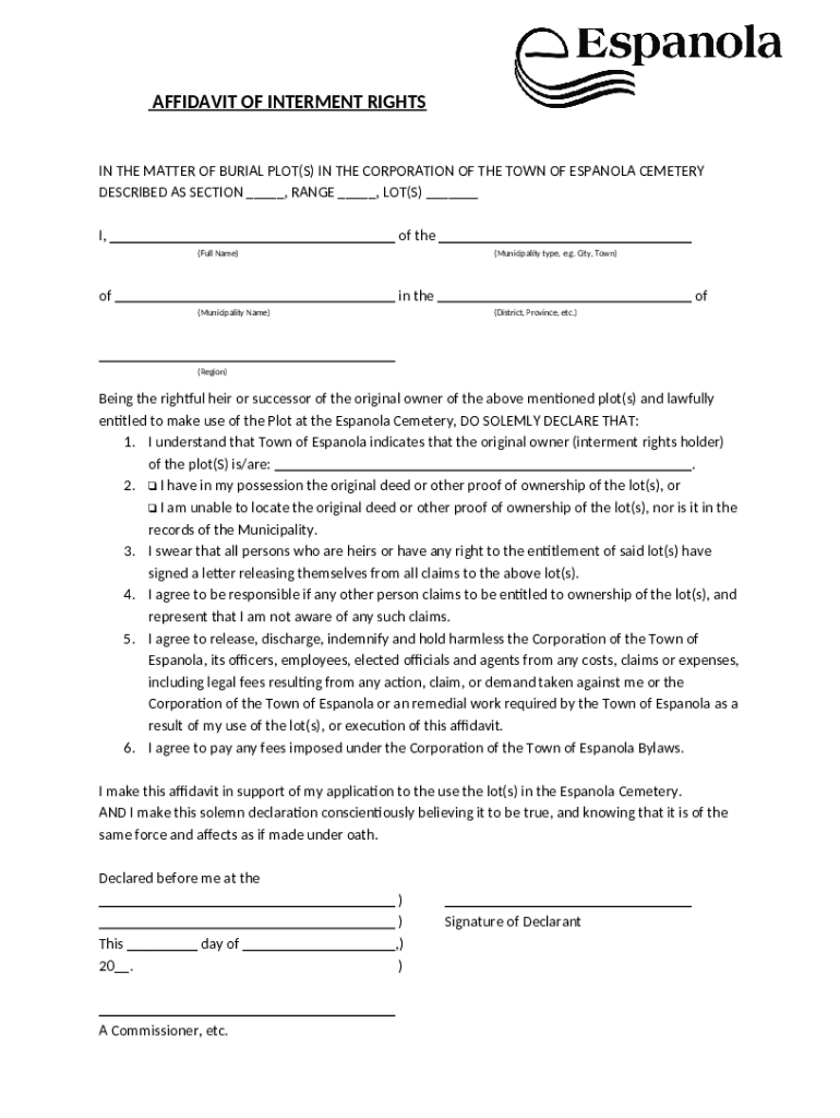 affidavit of interment rights Doc Template | pdfFiller